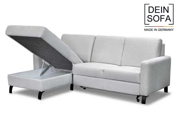 Beiges Ecksofa mit Bettkasten.- Made in Germany