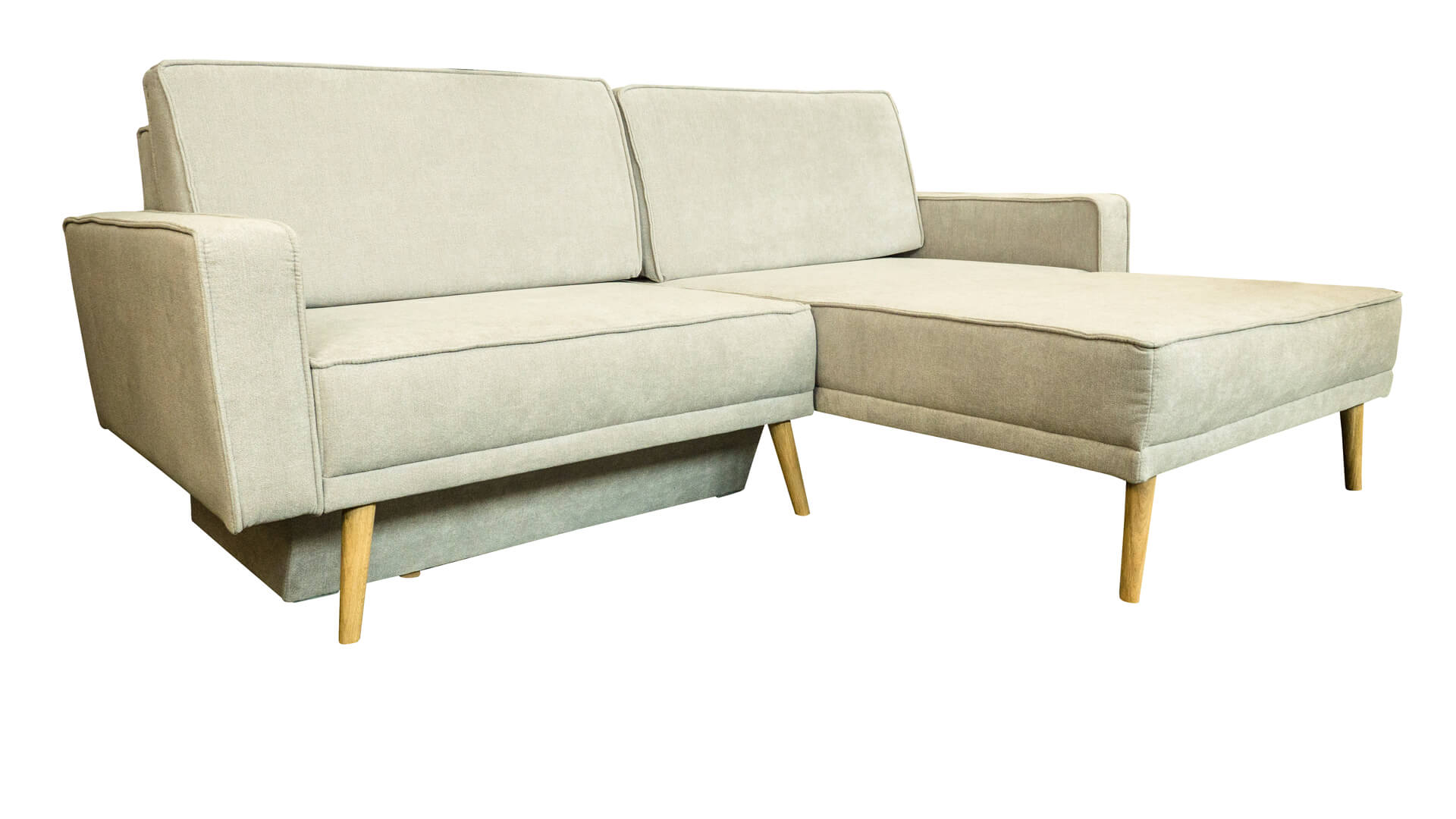 Kleine skandinavische Eckcouch. Schlaffunktion und Bettkasten.